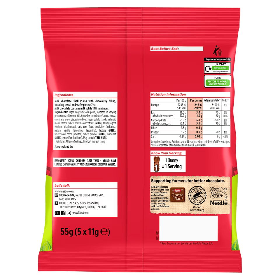 Kit Kat Milk Chocolate Easter Mini Bunnies 5 Pack Multipack 55g — Happy ...