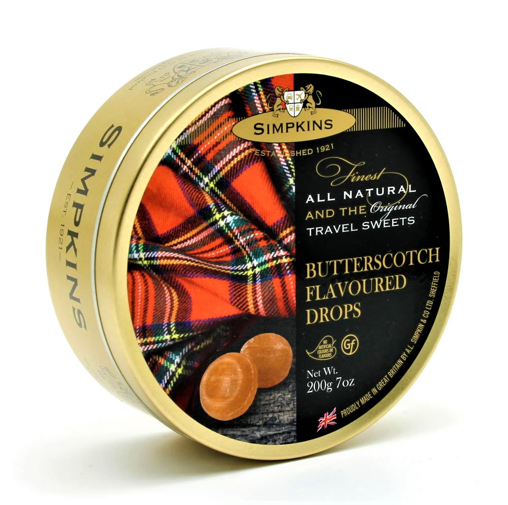 Simpkins Butterscotch Flavoured Drops Travel Tin 200g — Happy Candy UK LTD
