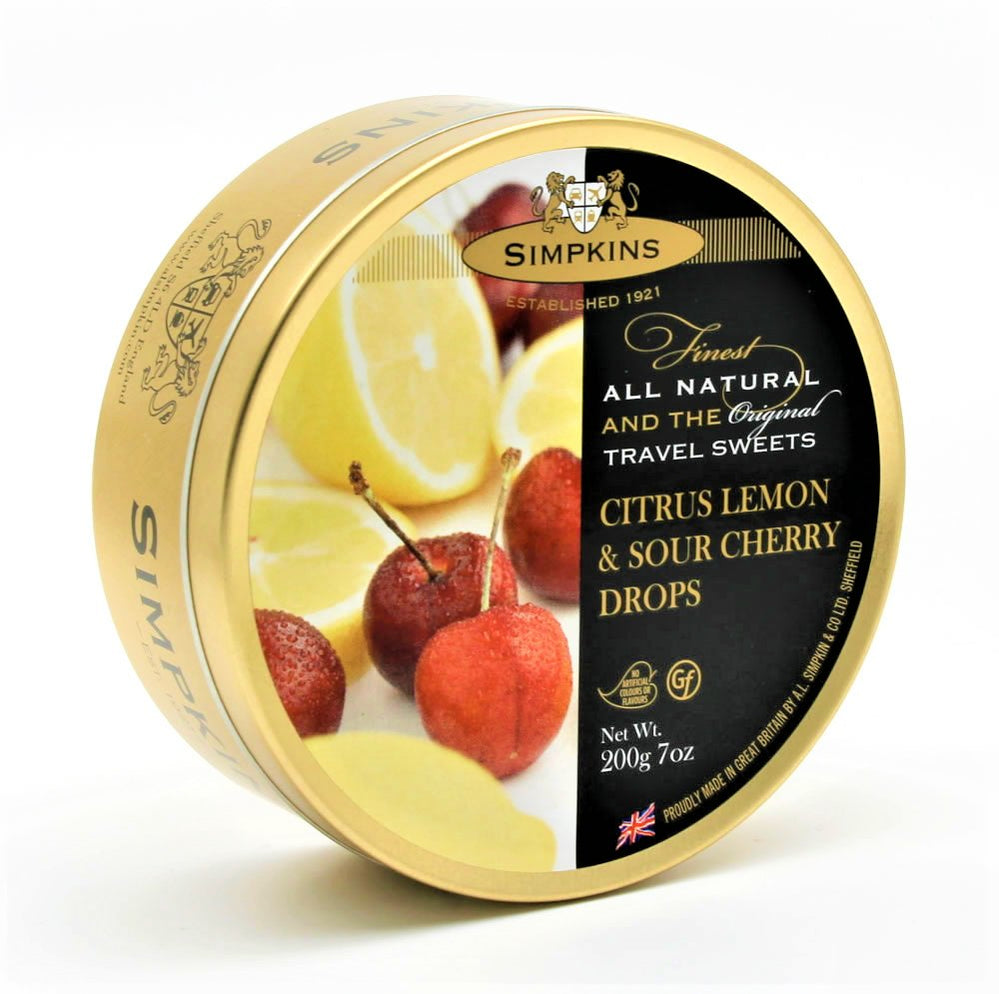 Simpkins Citrus Lemon & Sour Cherry Drops Travel Tin 200g - Happy Candy ...