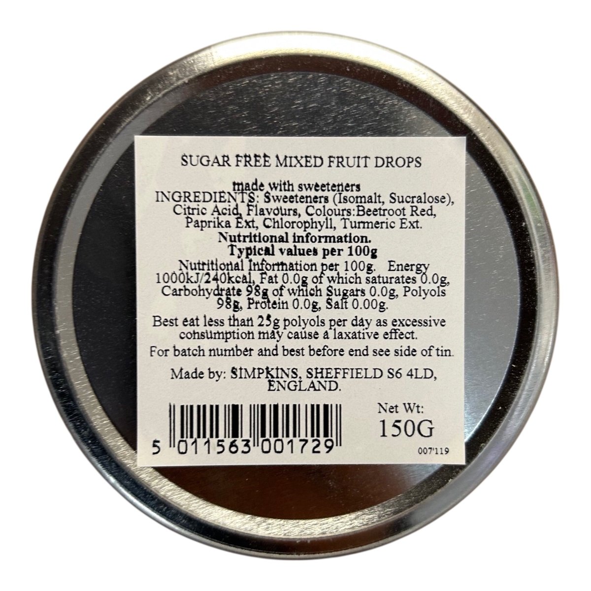 Simpkins Sugar Free Mixed Fruit Drops Travel Tin 150g — Happy Candy UK LTD